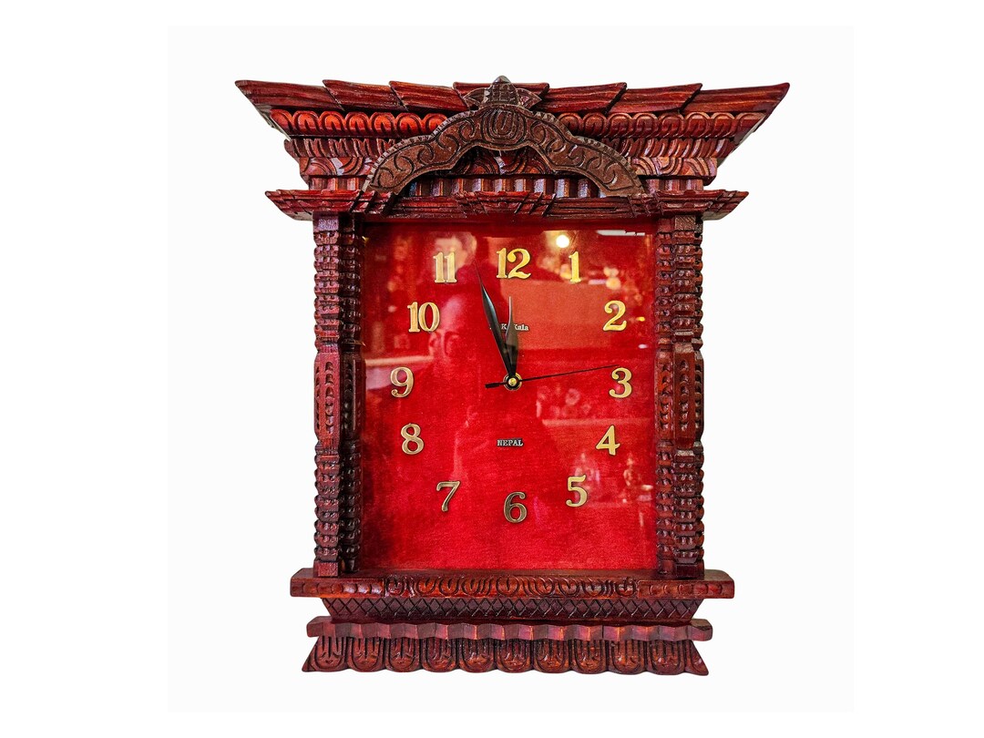 15-inch Traditional Newari Wooden Hand Carved Windows Design Wall Watch ...
