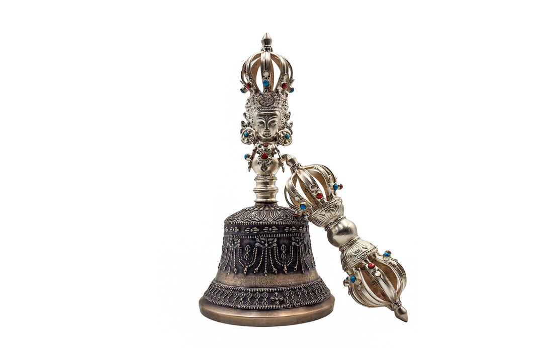 8-inch Bell and Dorje Vajra, High Quality, Antique Finishing, Silver ...