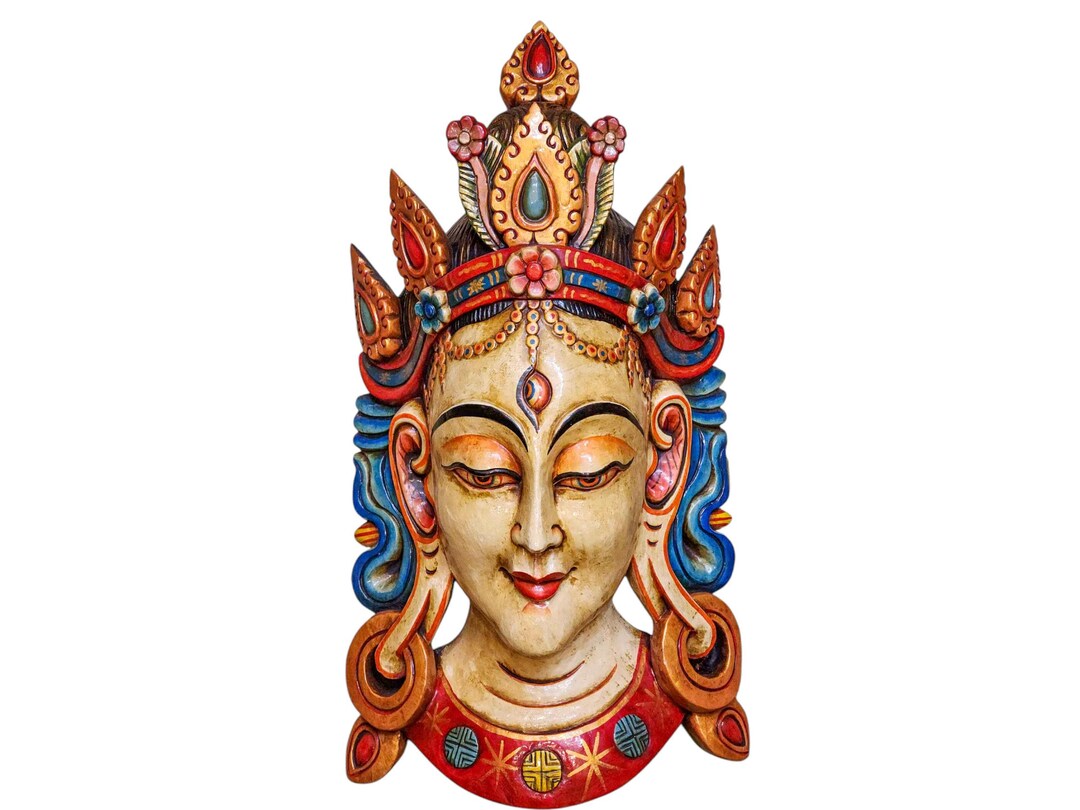 26-inch White Tara, Handmade Wooden Mask, Wall Hanging, Painted, Poplar ...