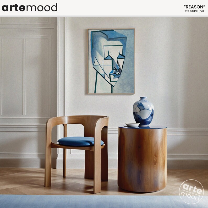 Man Face Portrait Art, Minimalist Geometric Portrait, Blue White ...