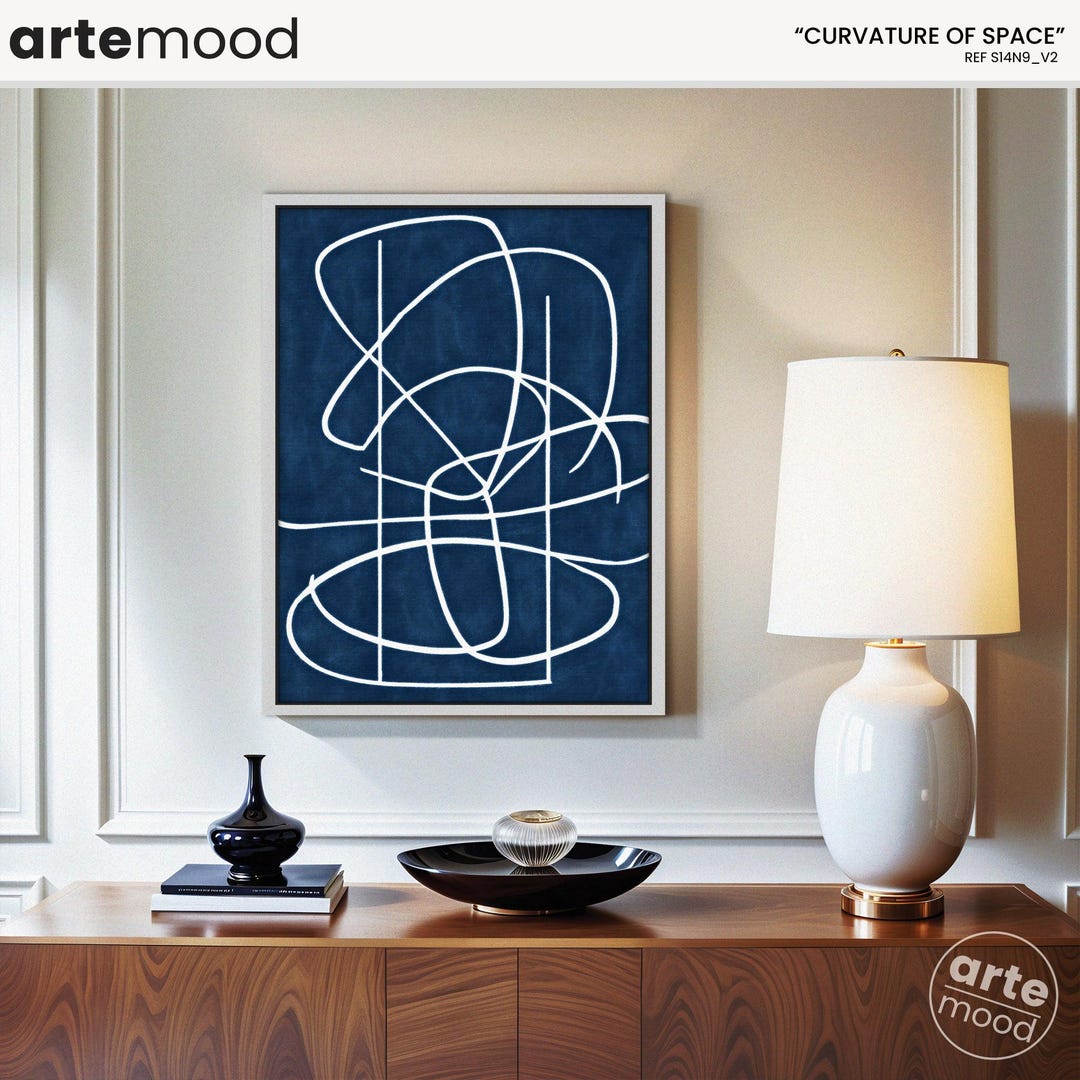 Line Art Canvas, Blue Abstract Minimalist Scribbles, Fluid White Lines ...