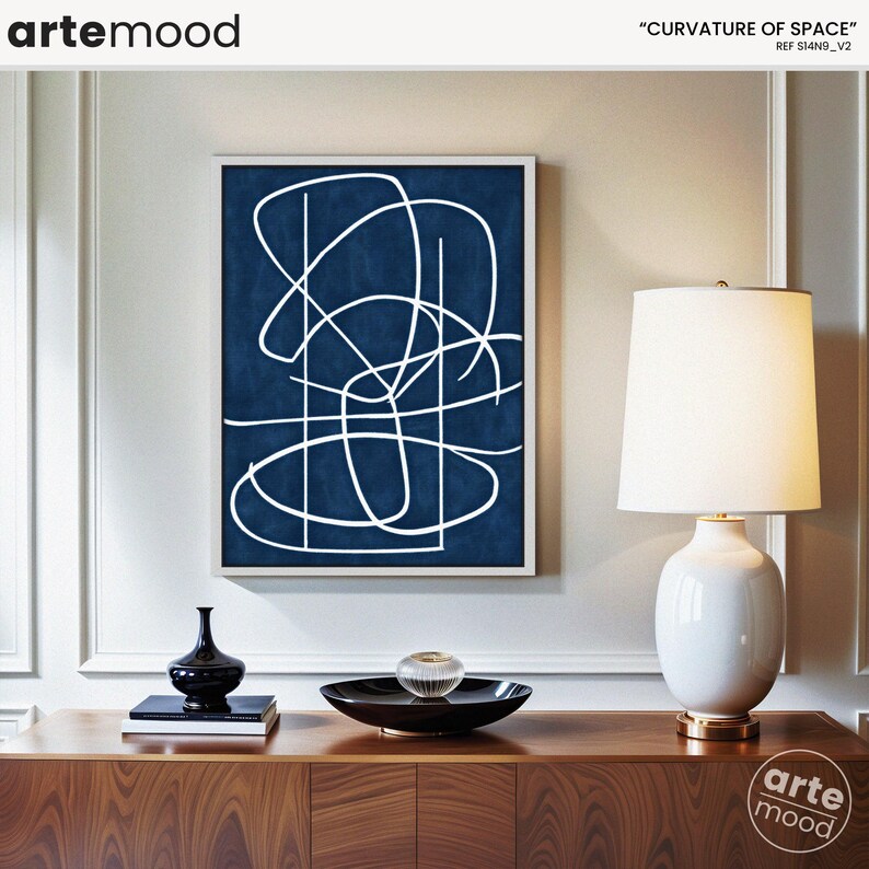 Line Art Canvas, Blue Abstract Minimalist Scribbles, Fluid White Lines ...