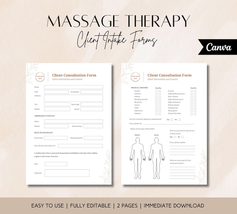 Massage Treatment Forms | New Client Questionnaire | Printable Consent ...