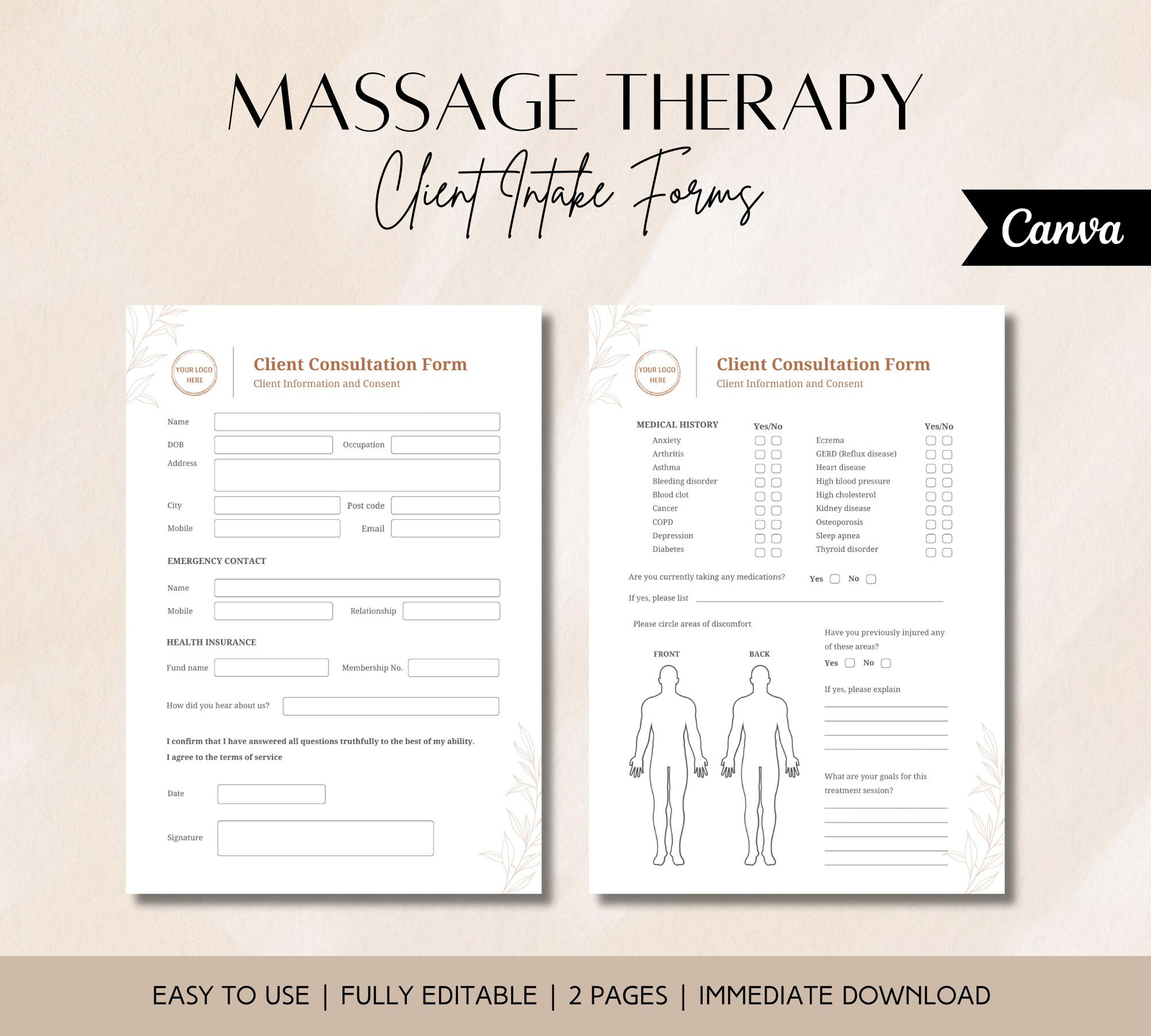 Massage Treatment Forms | New Client Questionnaire | Printable Consent ...