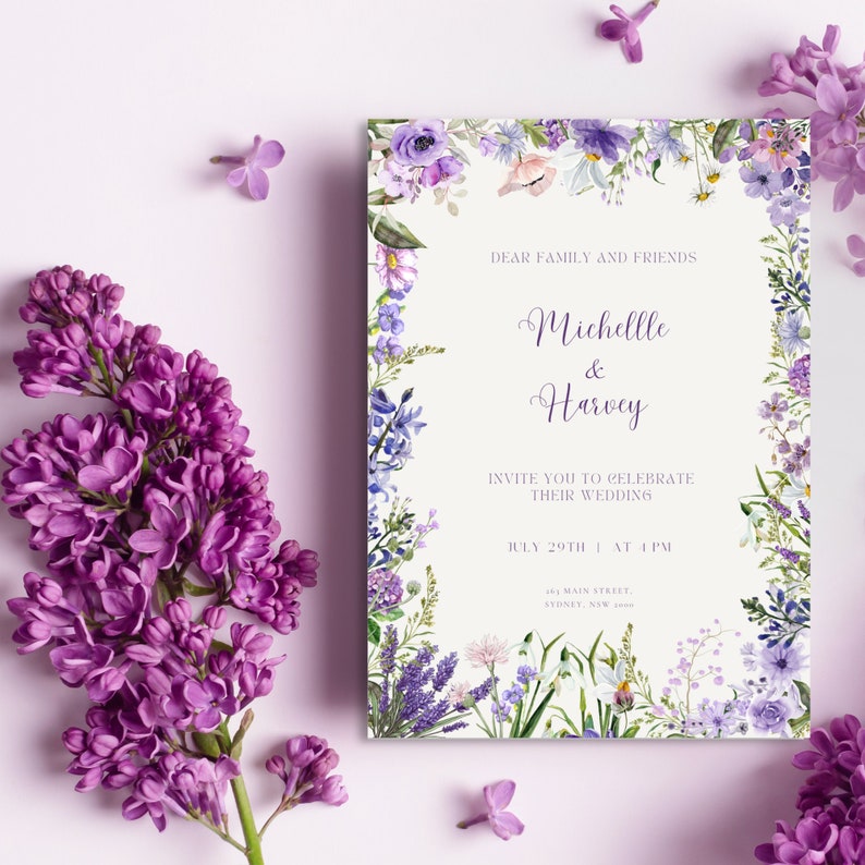 Purple Floral Border Wedding Invitation | Elegant Wedding | Digital ...