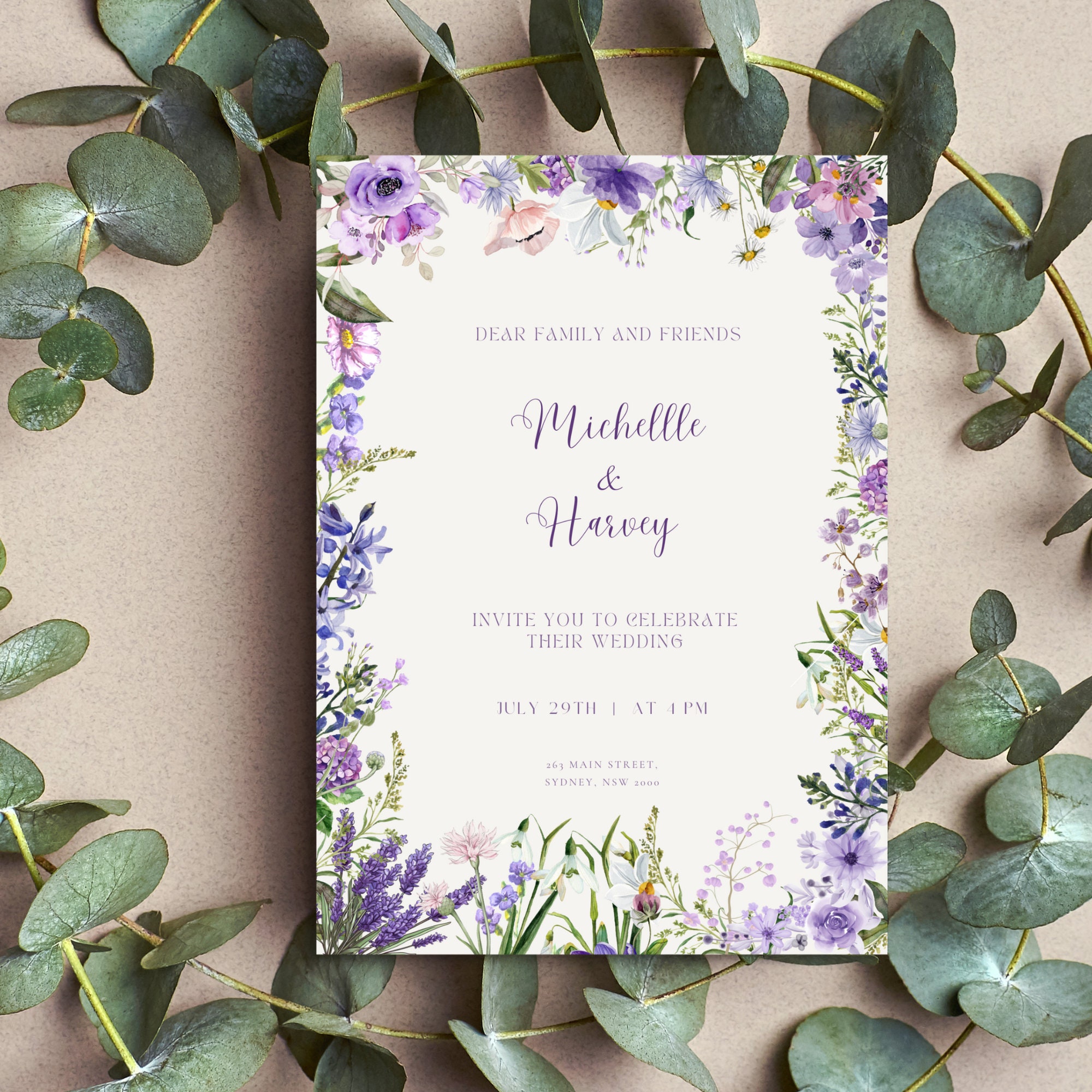 Purple Floral Border Wedding Invitation | Elegant Wedding | Digital ...