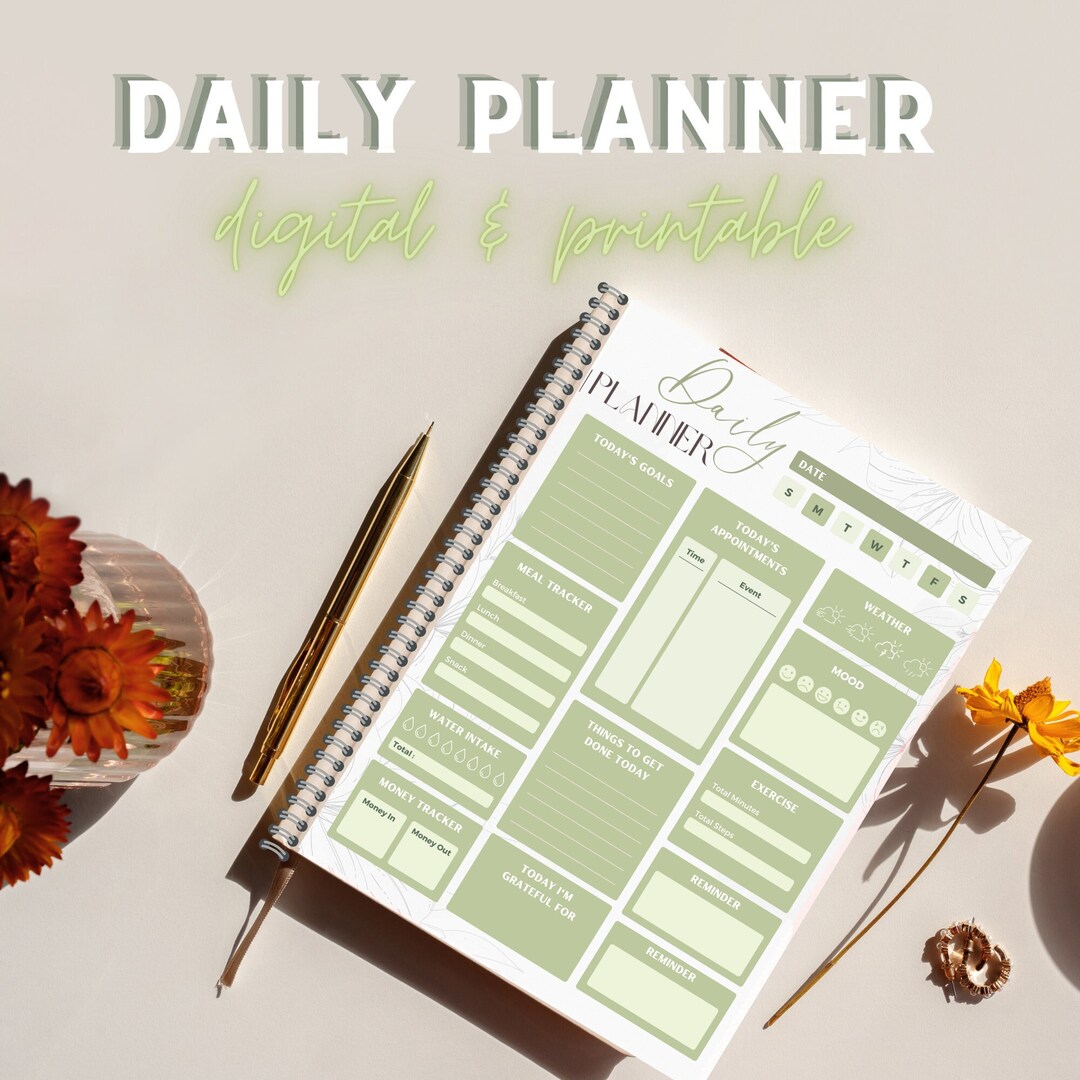 Green Daily Planner | Canva Template | Editable Template | Personal ...