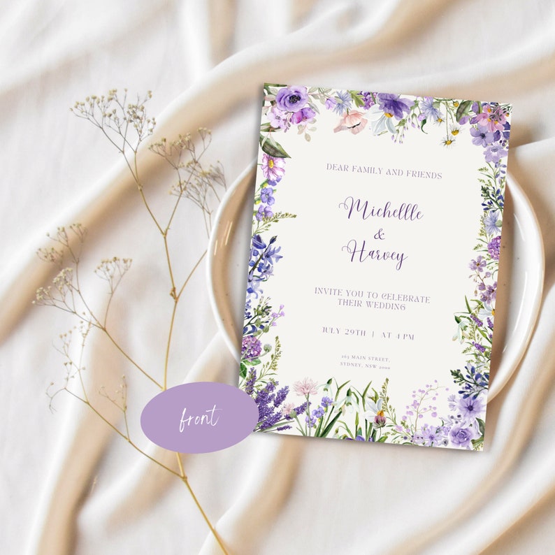 Purple Floral Border Wedding Invitation | Elegant Wedding | Digital ...