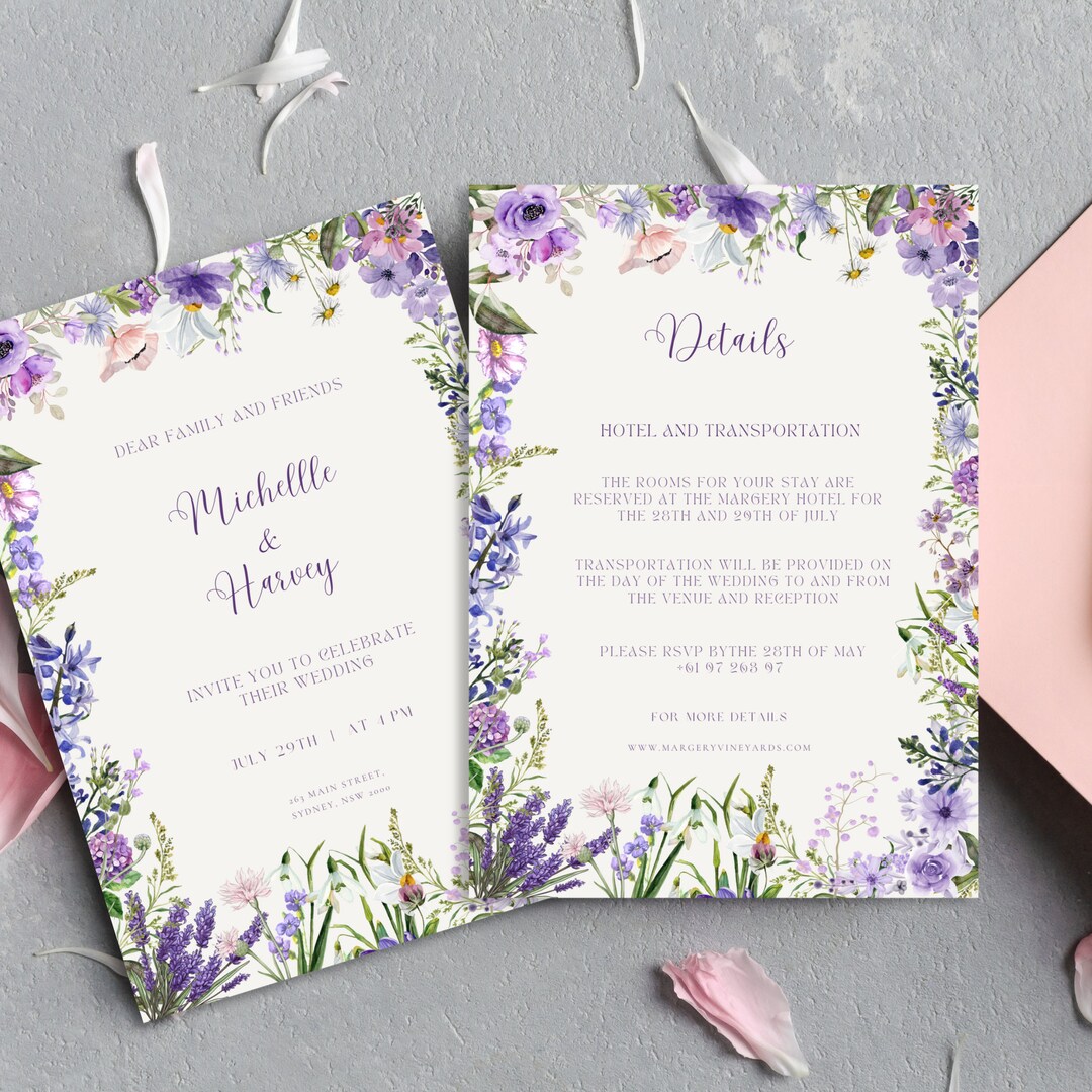 Purple Floral Border Wedding Invitation | Elegant Wedding | Digital ...