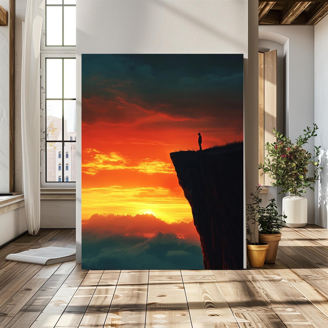 Romanticisminspired Sunset Cliff Art Print Lone Traveler Silhouette ...