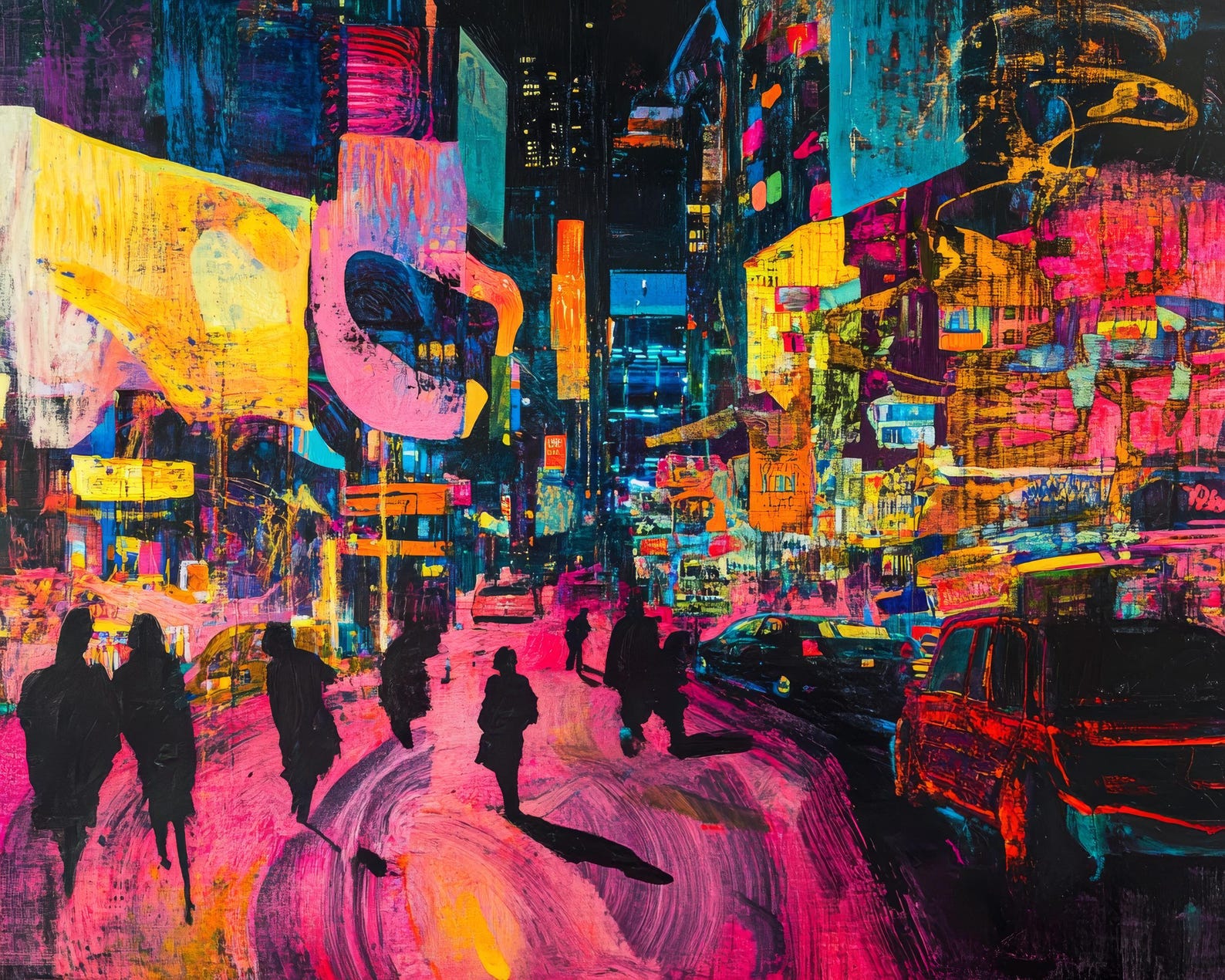 Abstract Expressionist Cityscape Canvas Wall Art Vibrant Neon Colors ...