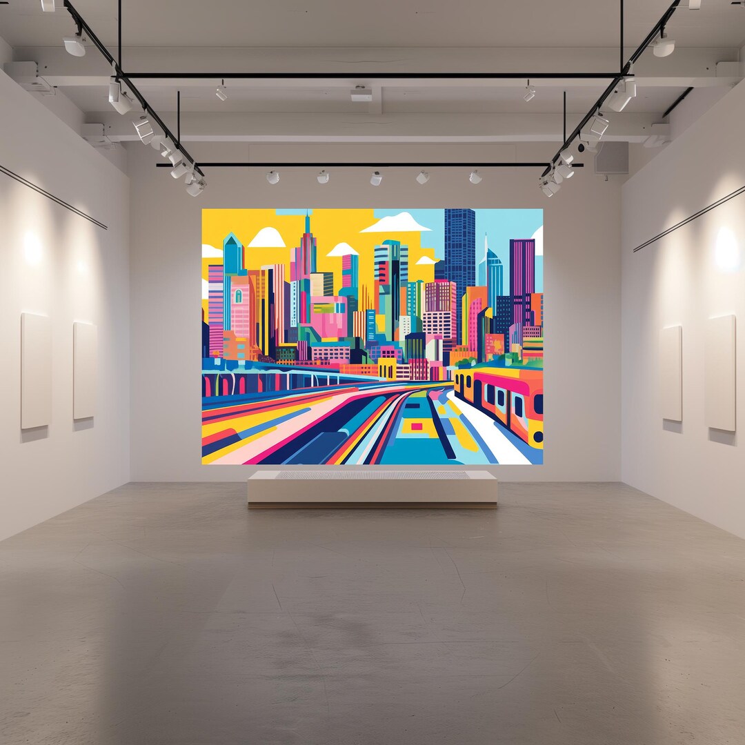 Pop Art Cityscape Canvas Iconic Landmarks in Bold Colors Graphic Lines ...