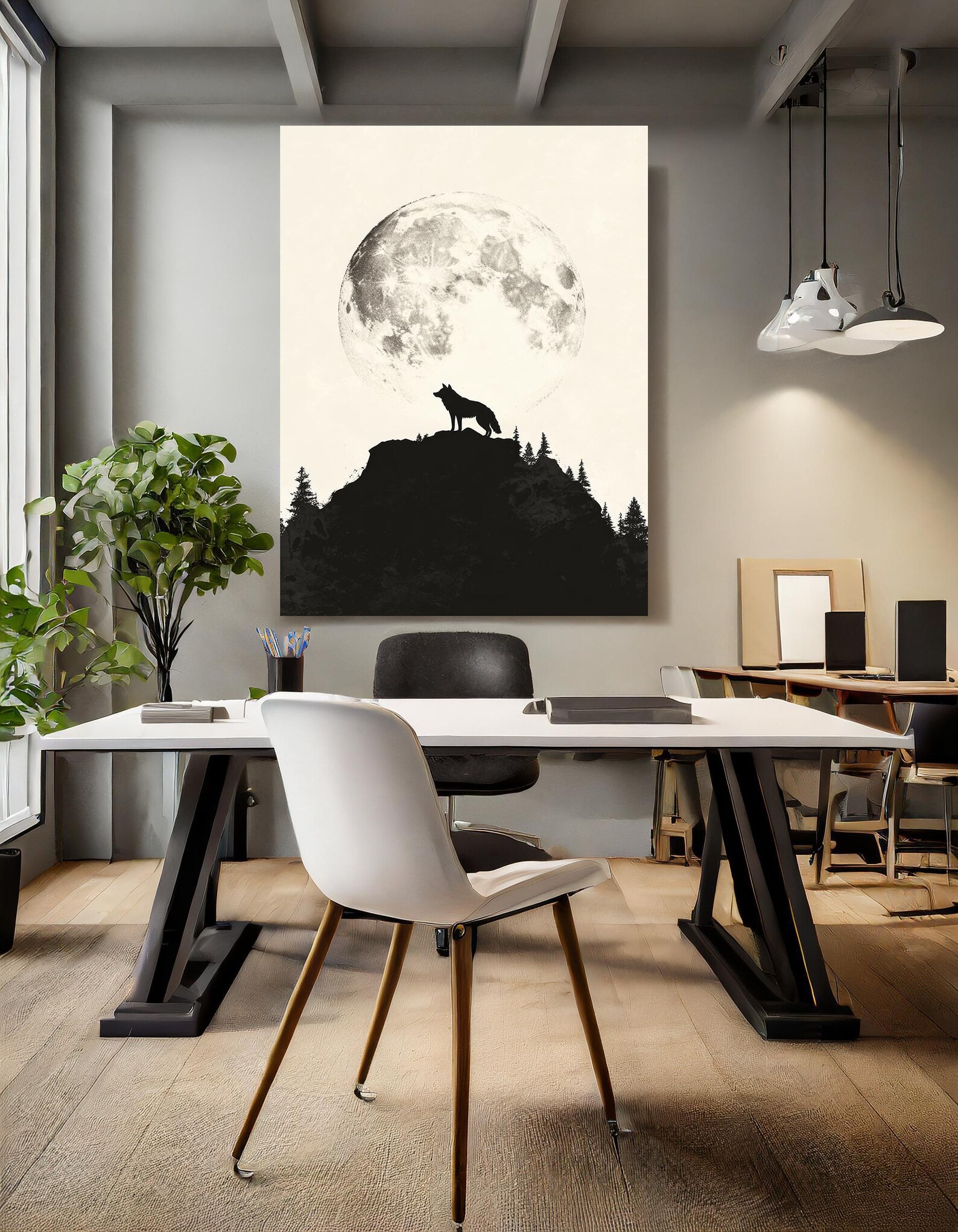Minimalist Lone Wolf Silhouette Wall Art Full Moon Wilderness Decor ...