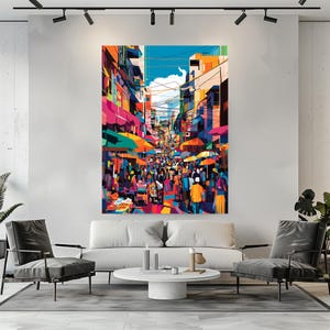 Pop Art City Street Market Canvas Wall Art Vibrant Colors Dynamic ...