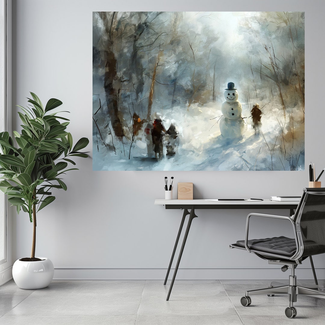 Snowy Forest Snowman Building Winter Scene Canvas Wall Art - Etsy