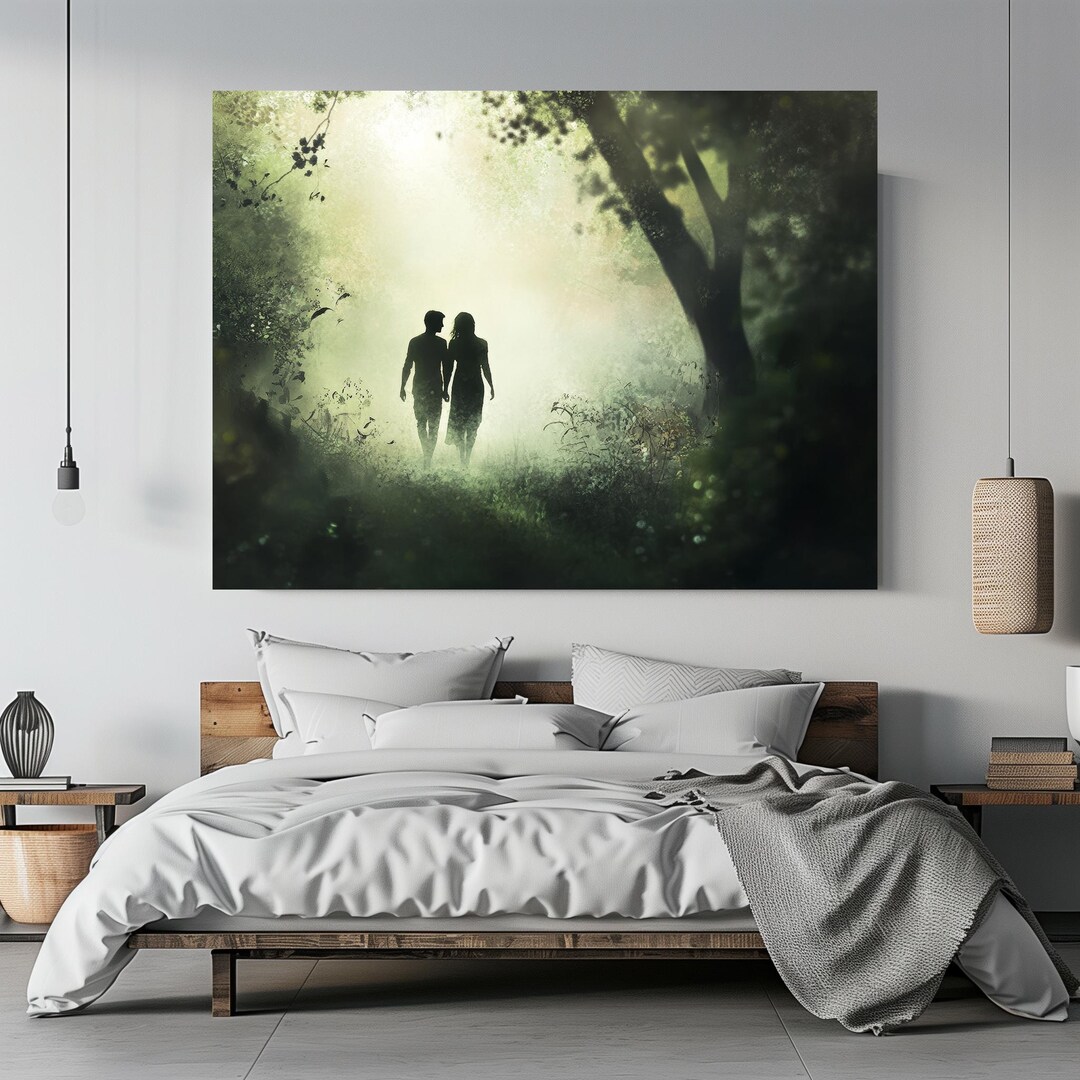 Romantic Fantasy Wall Art Couple in Enchanted Forest With Ethereal Mist ...