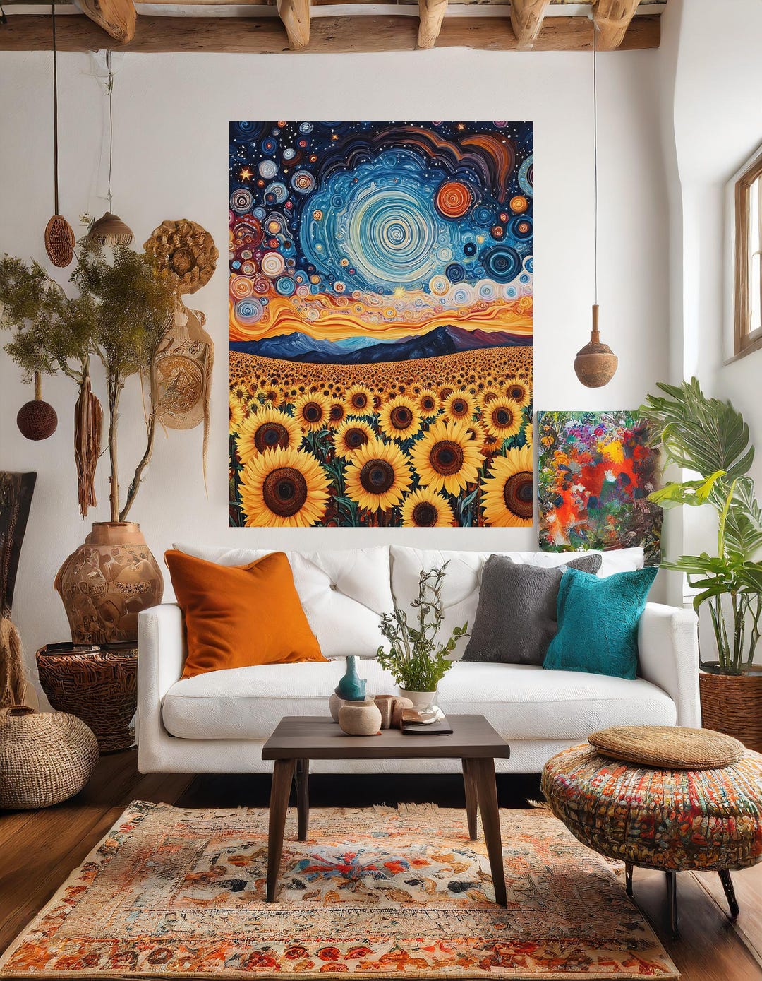 Surreal Sunflower Field to Starry Night Wall Art Dreamlike Swirling Sky ...