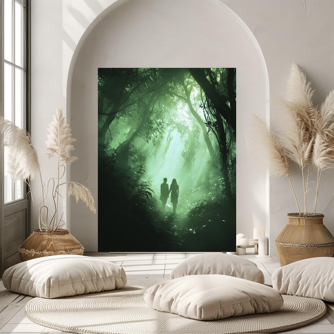 Romantic Fantasy Wall Art Couple in Mystical Forest With Ethereal Light ...