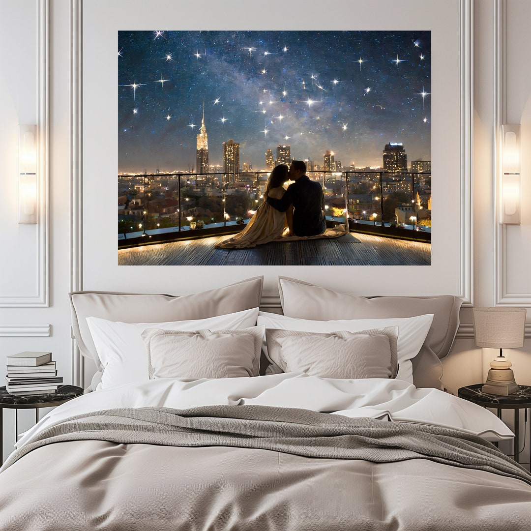Starry Night Rooftop Rendezvous Canvas Wall Art City Skyline Romance - Etsy