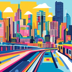 Pop Art Cityscape Canvas Iconic Landmarks in Bold Colors Graphic Lines ...