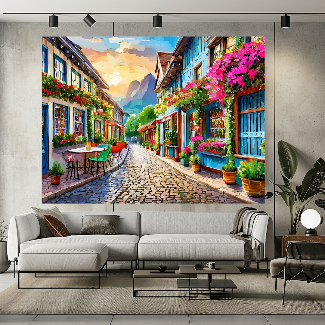 Romantic Cobblestone Street Canvas Wall Art Quaint Cafes and Flower ...