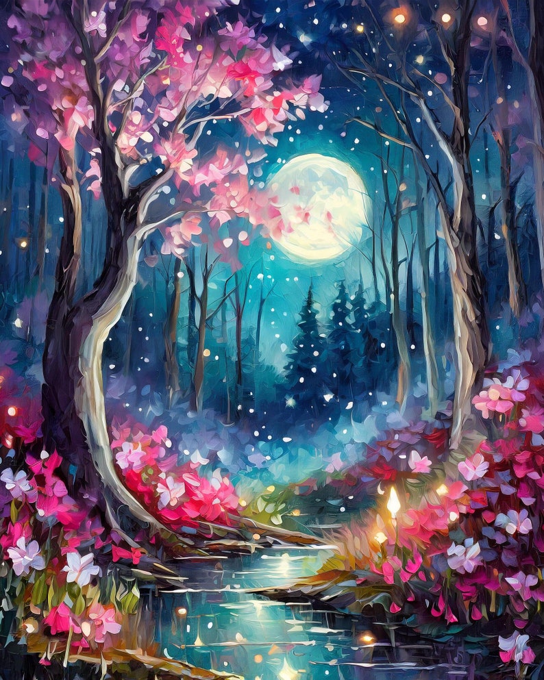 Magical Night Forest Acrylic Painting Pink and White Trees, Red Flowers ...