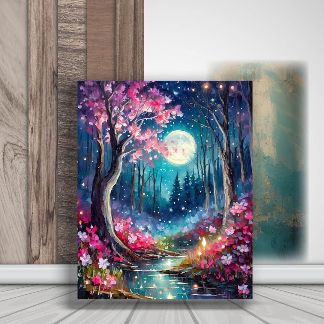 Magical Night Forest Acrylic Painting Pink and White Trees, Red Flowers ...