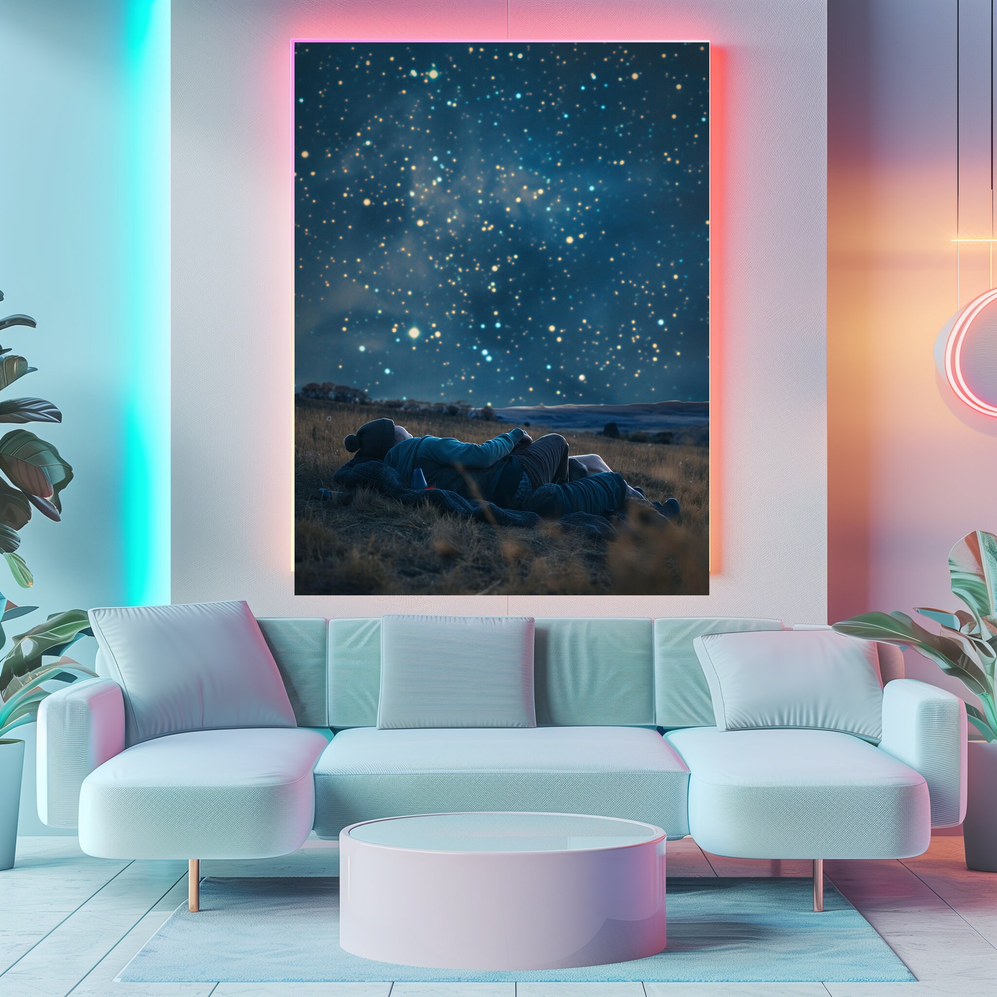 Starry Night Sky Canvas Wall Art Romantic Couple Stargazing Dreamy ...