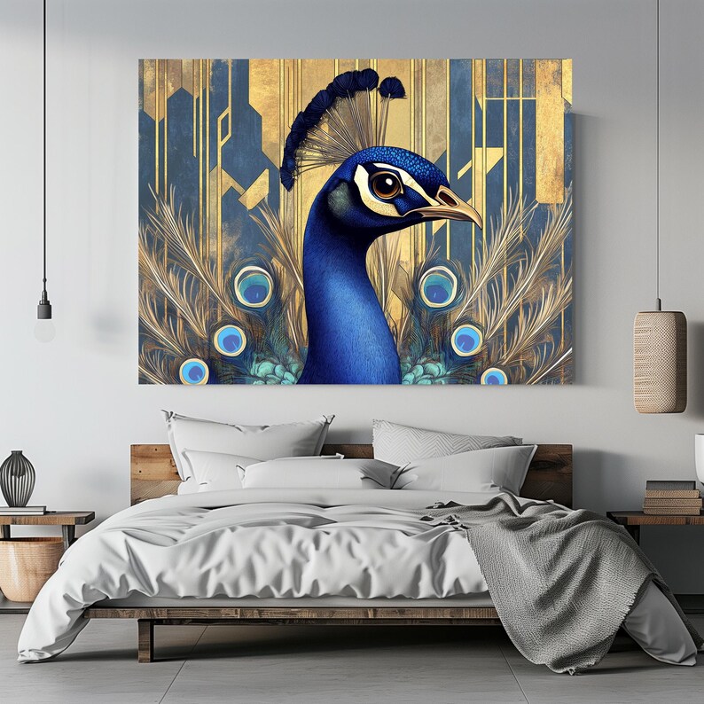 Art Deco Peacock Portrait Wall Art Geometric Design With Metallic ...