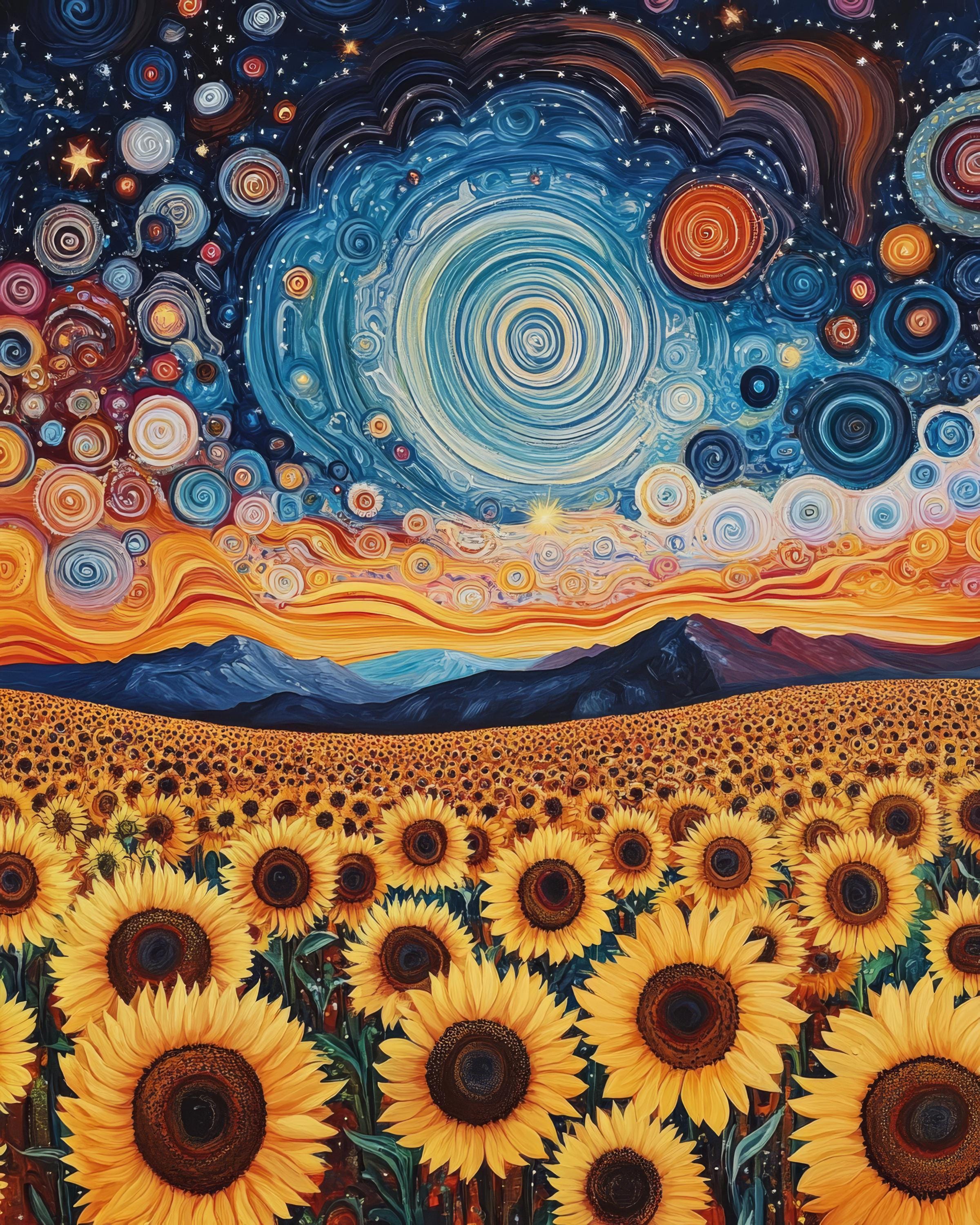 Surreal Sunflower Field to Starry Night Wall Art Dreamlike Swirling Sky ...