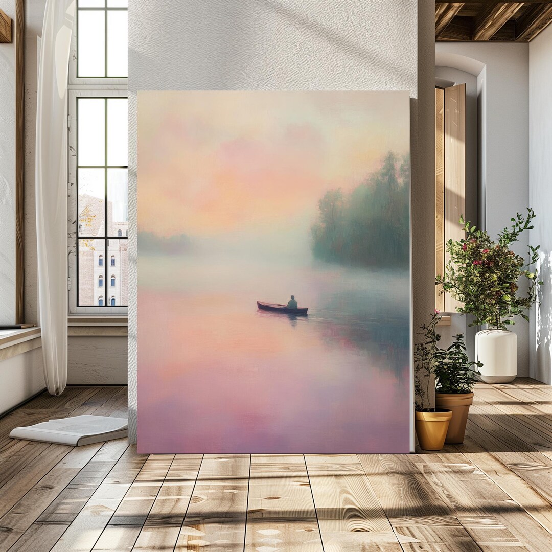 Impressionist Lake Scene Wall Art Tranquil Dawn Rowboat With Misty ...