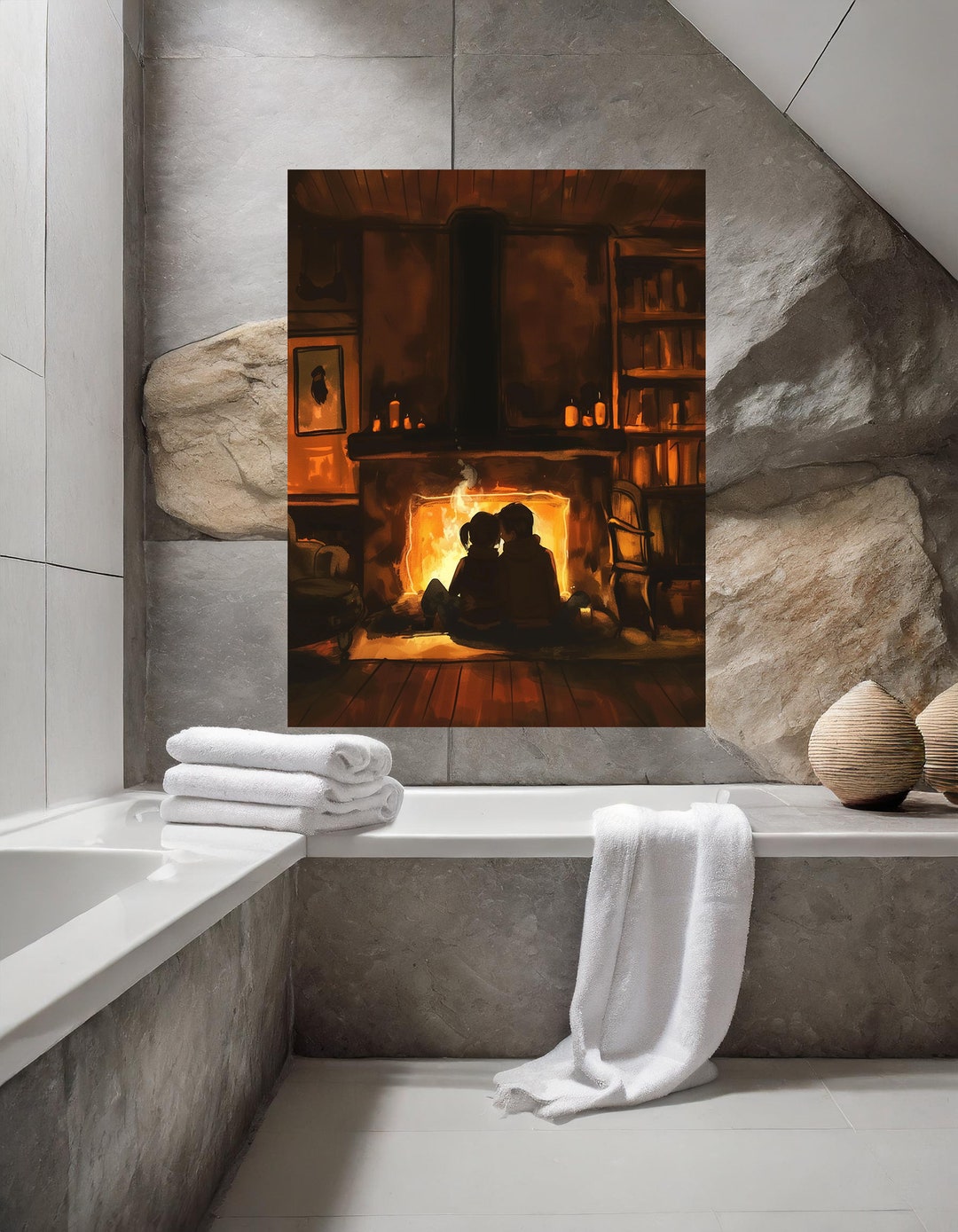Cozy Fireside Scene Wall Art Rear-facing Figures Silhouettes Warm Glow ...
