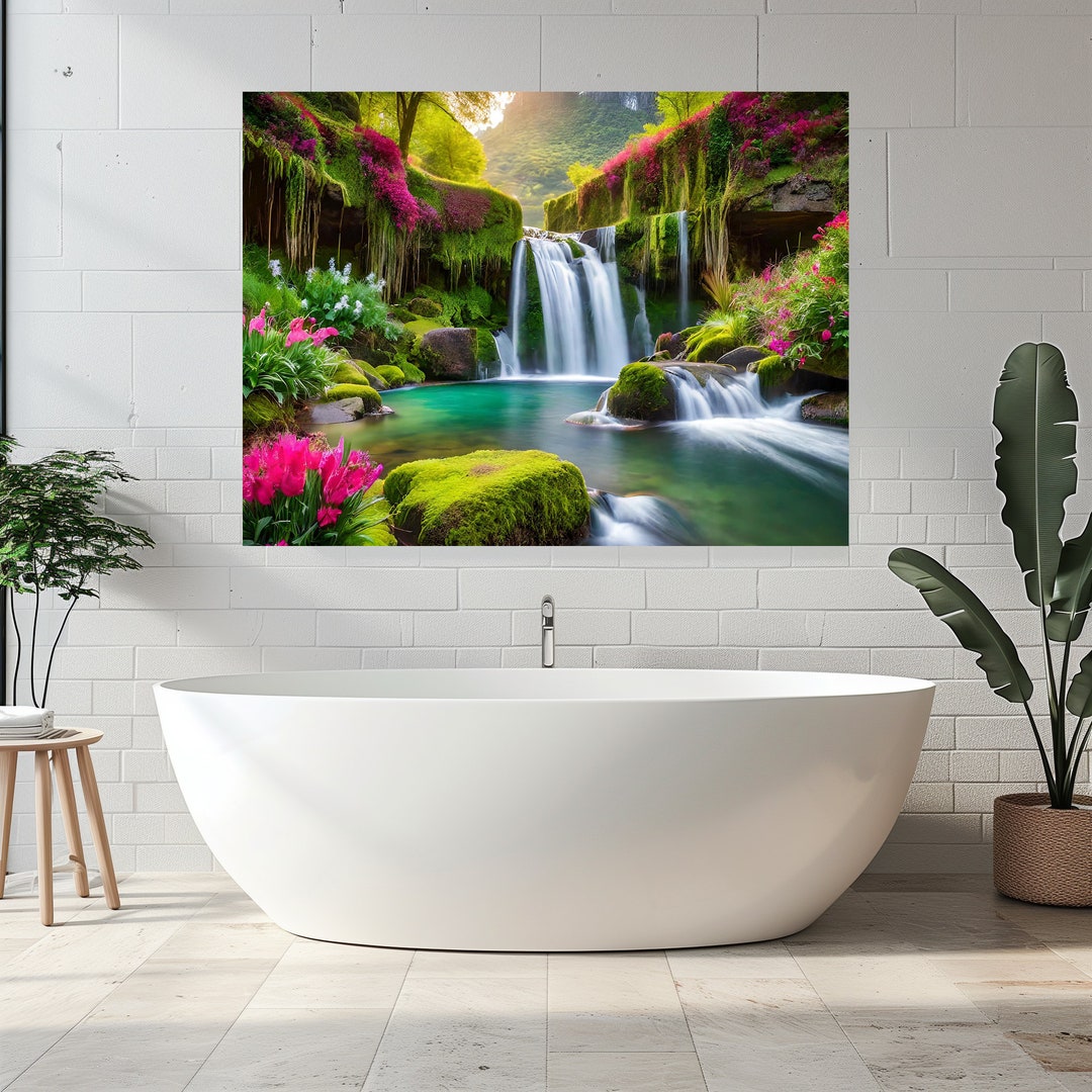 Lush Greenery and Cascading Waterfalls Nature Scene Vibrant Canvas Wall ...