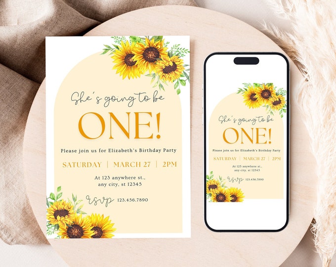 Sunflower Theme Birthday Invitation | First Birthday Invitation ...
