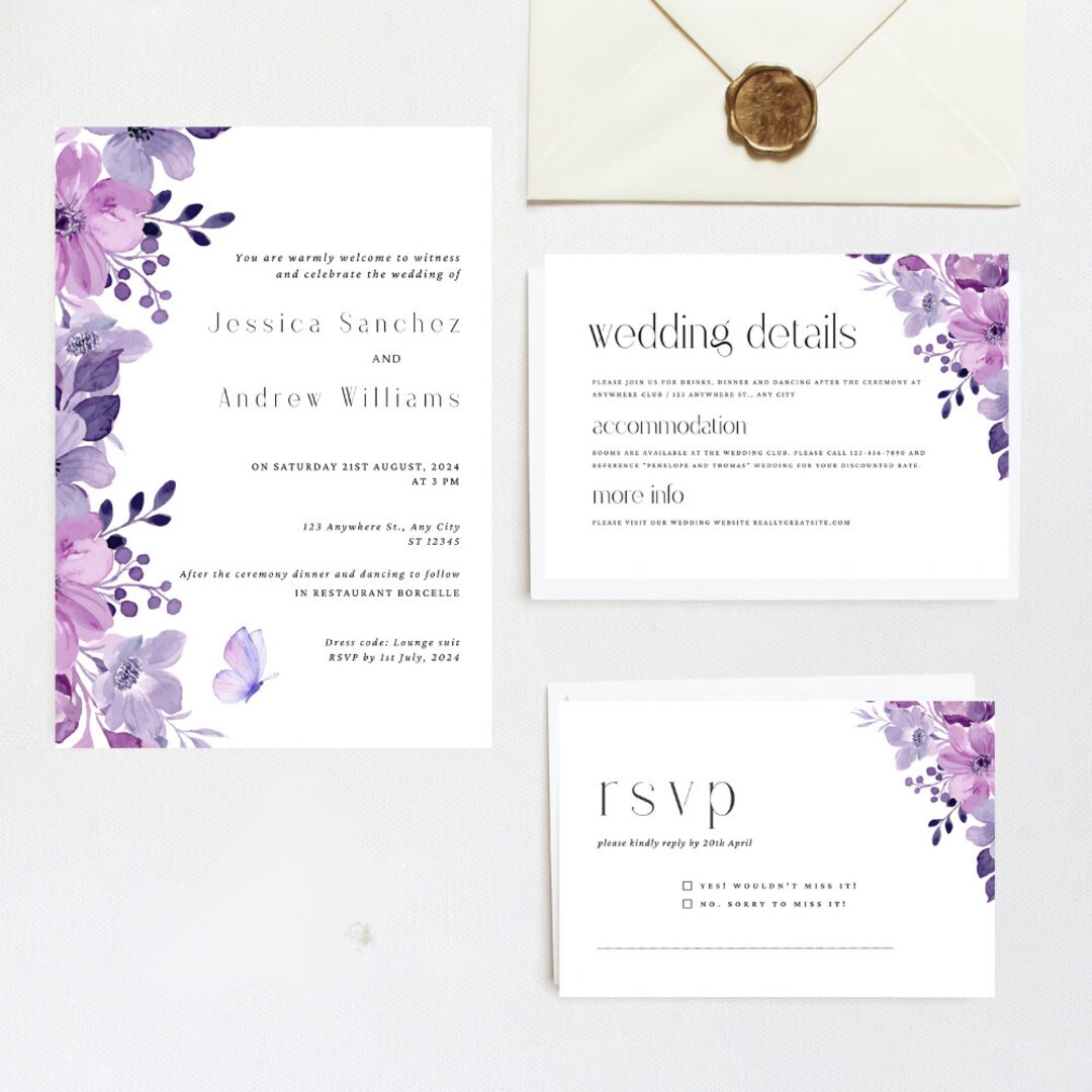 Purple Butterfly Wedding Invitation | Floral Wedding Invitation ...