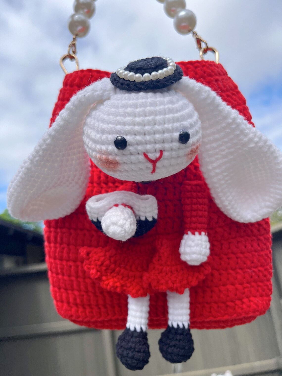 Crochet 3D Red Rabbit Bag, Rabbit Handbag, Crochet Pearl Handbag and ...