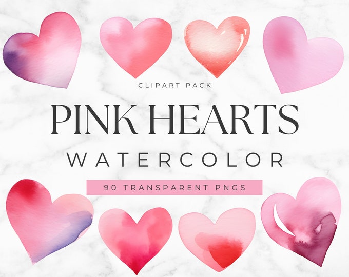 Pink Watercolor Hearts Clipart Pack 90 Commercial Use Images 001 ...