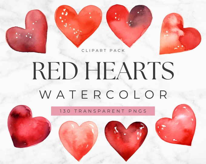 Red Watercolor Hearts Clipart Pack | 130+ Commercial Use Images | 001 ...