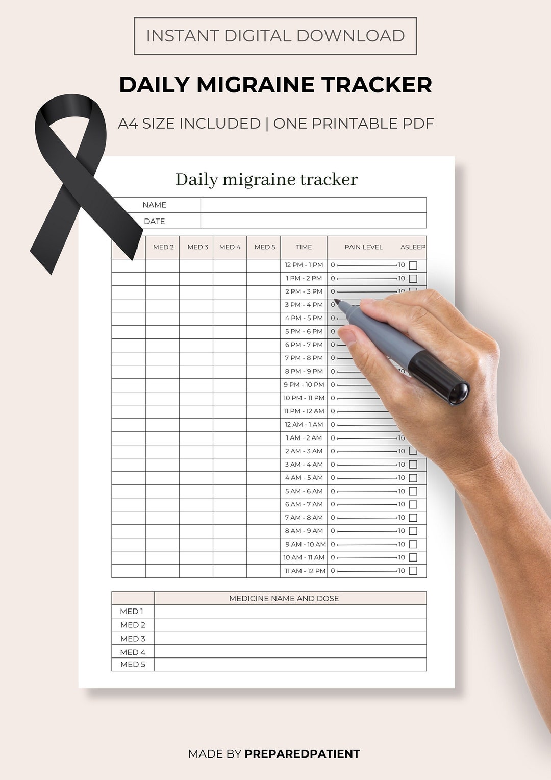 Daily Migraine Tracker Hourly Pain Intensity & Medicine Intake Log - Etsy