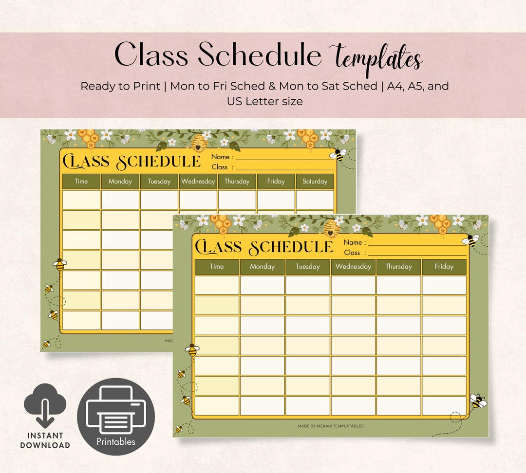 Cute Honey Bee Yellow Green Printable Class Schedule Templates Digital ...