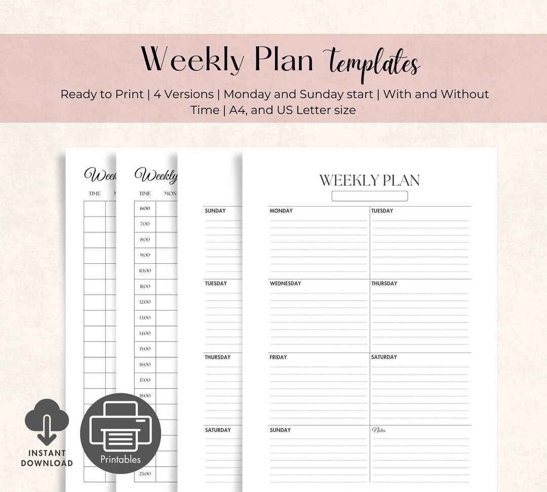 Minimalist Printable Weekly Planner Templates Digital Download Simple ...