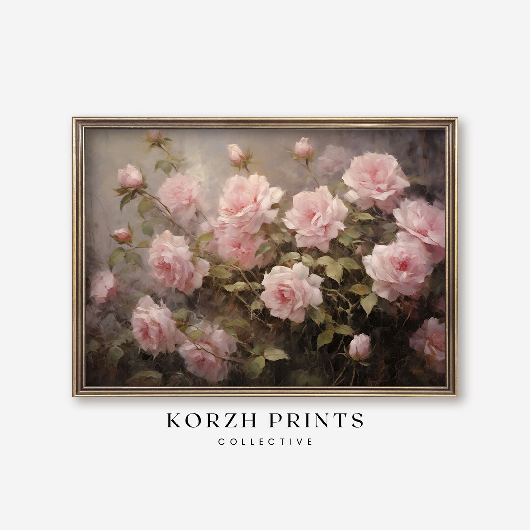 Vintage Pink Rose Bush Painting: Shabby Chic Cottage Decor (printable ...