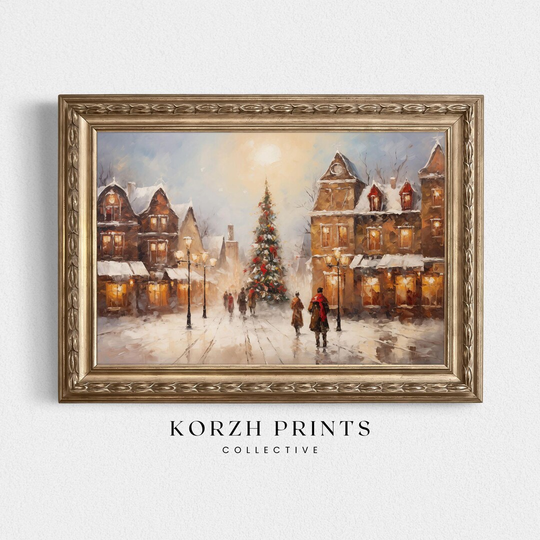 Vintage Christmas Village Oil Painting | Snowy Winter Scene Wall Art ...