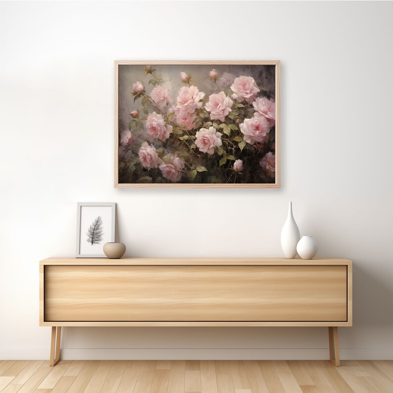 Vintage Pink Rose Bush Painting: Shabby Chic Cottage Decor (printable ...