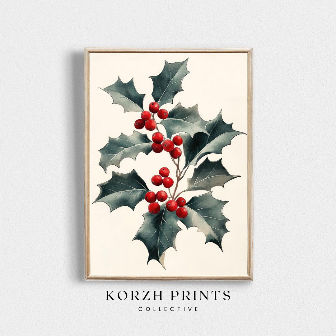 Vintage Holly Berry Botanical Print | Christmas Wall Art Decor | Holly ...