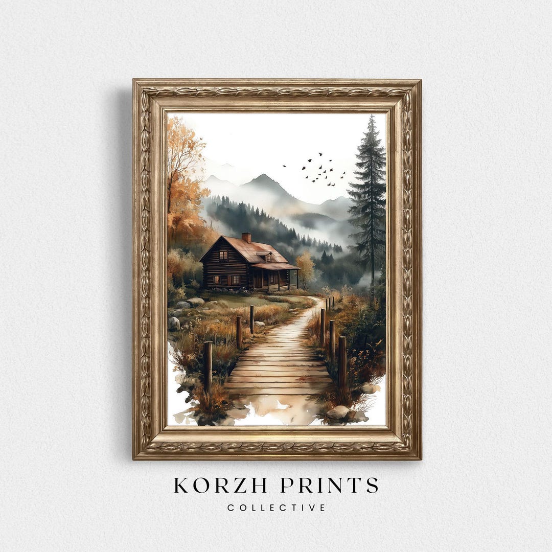 Rustic Cabin Wall Art, Autumn Mountain Landscape Print, Cozy Log Cabin ...