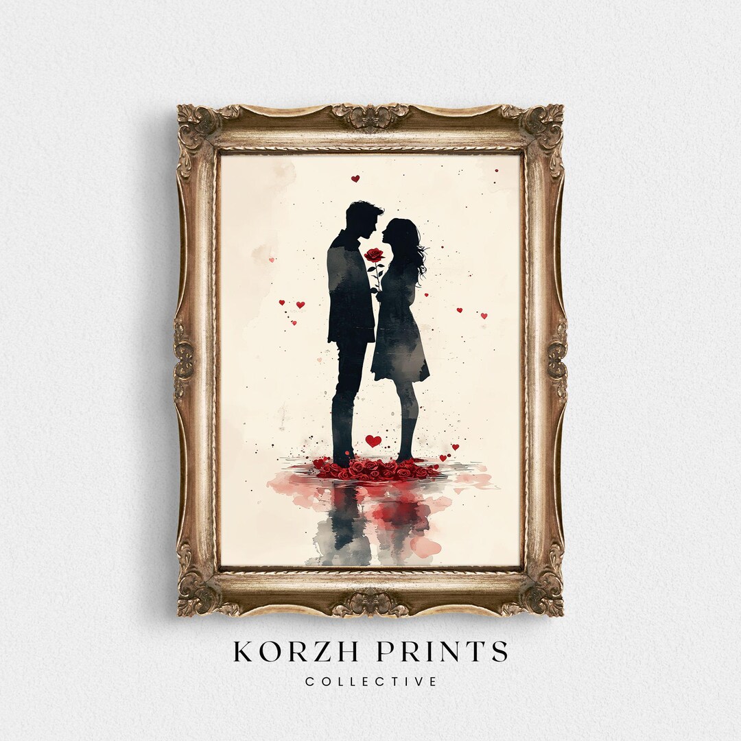 Romantic Couple Silhouette Red Rose Wall Art Watercolor Print ...