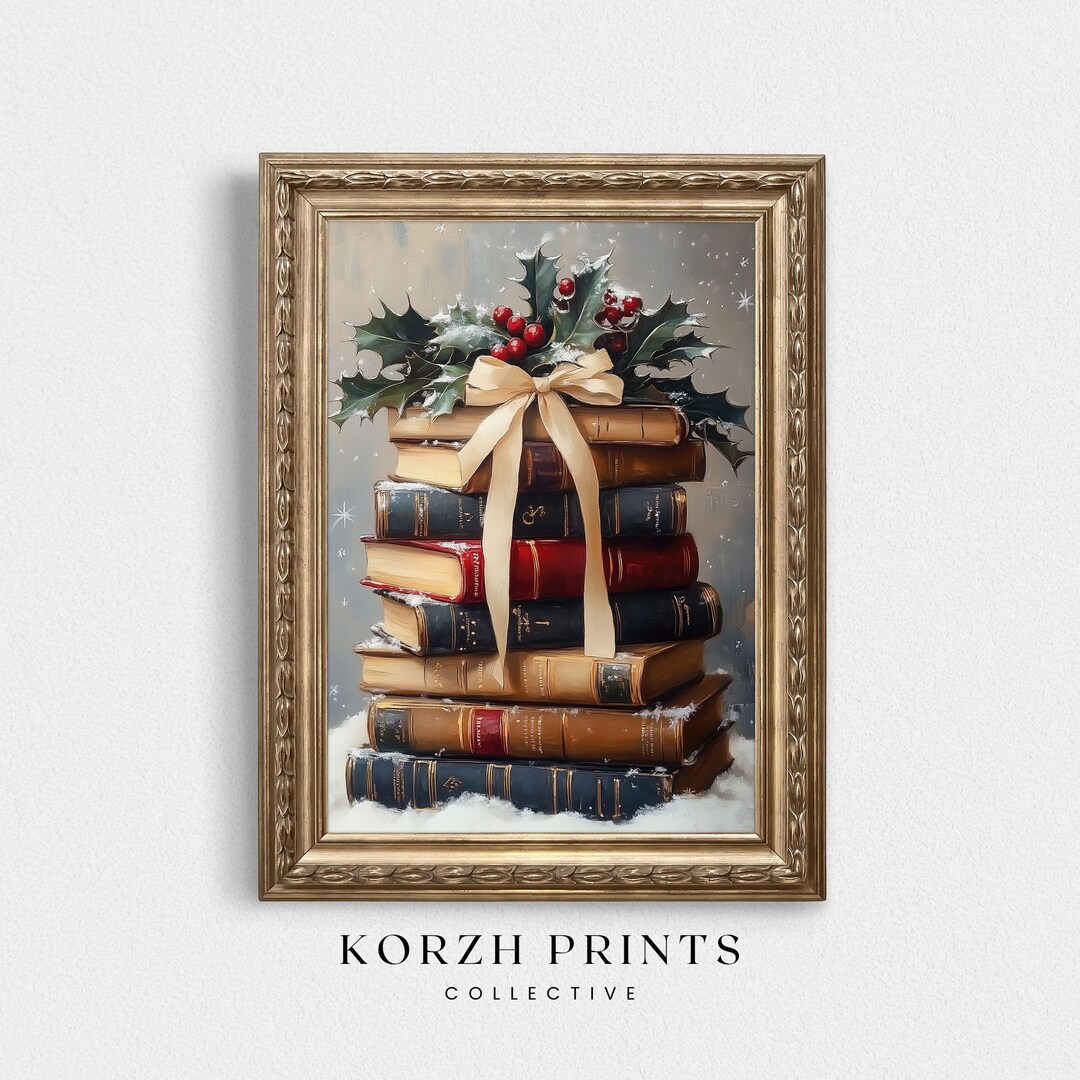Vintage Holiday Book Stack Painting | Festive Wall Art With Holly & Snow | Cozy Christmas Wall ...