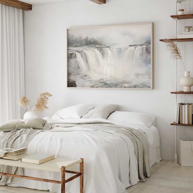 Waterfall Landscape Painting: Neutral Impressionism Wall Art (printable ...