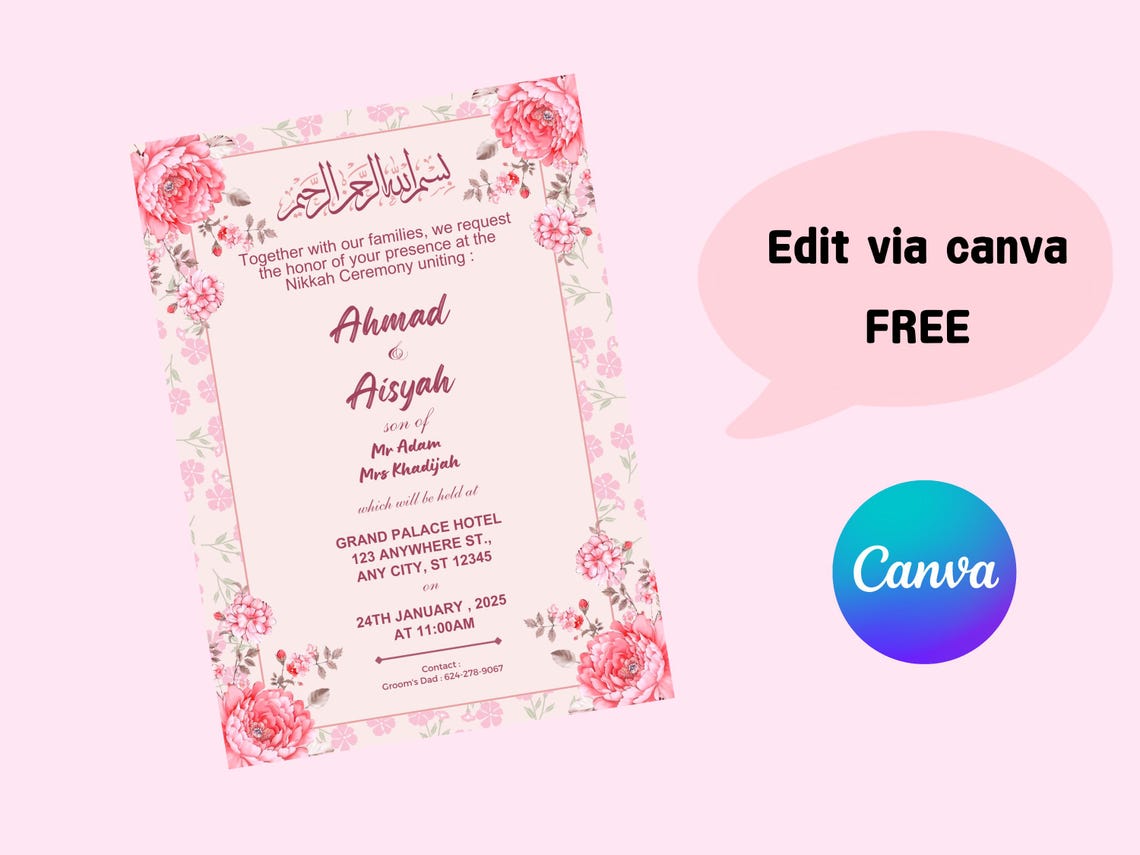 Wedding Invitation Muslim, Islamic Nikah Invitation Template, Pink ...